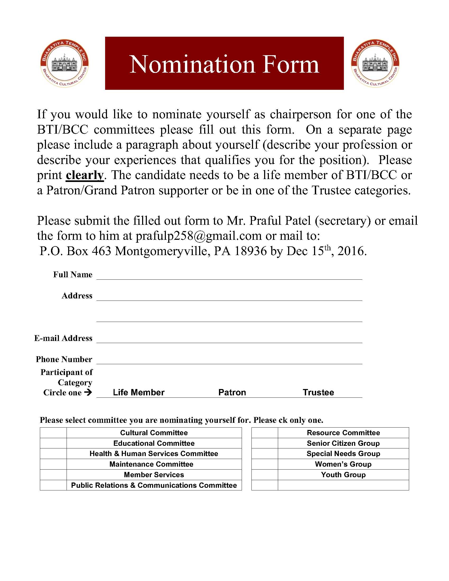 Chairperson Nomination Form Bharatiya Temple Bharatiya Temple