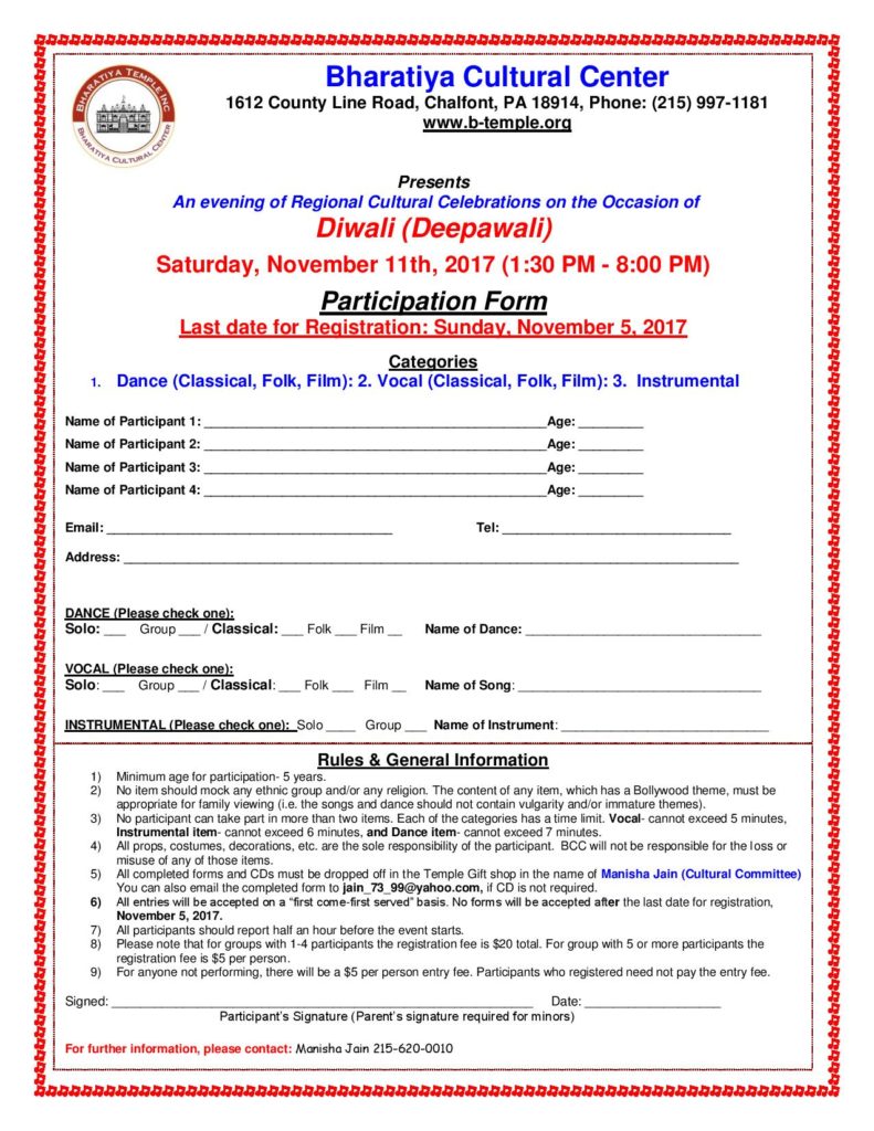 Cultural Program Participation form - Bharatiya Temple Bharatiya Temple