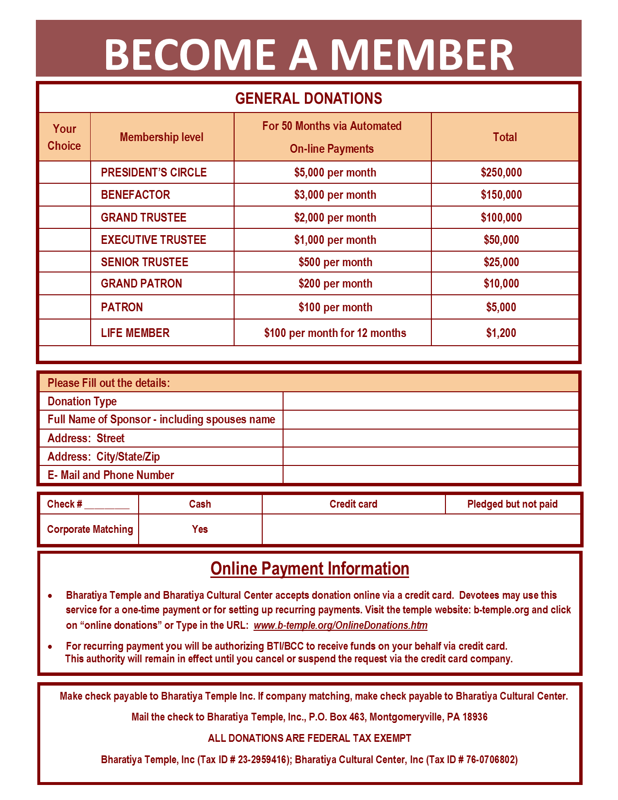 membership form - Bharatiya Temple Bharatiya Temple