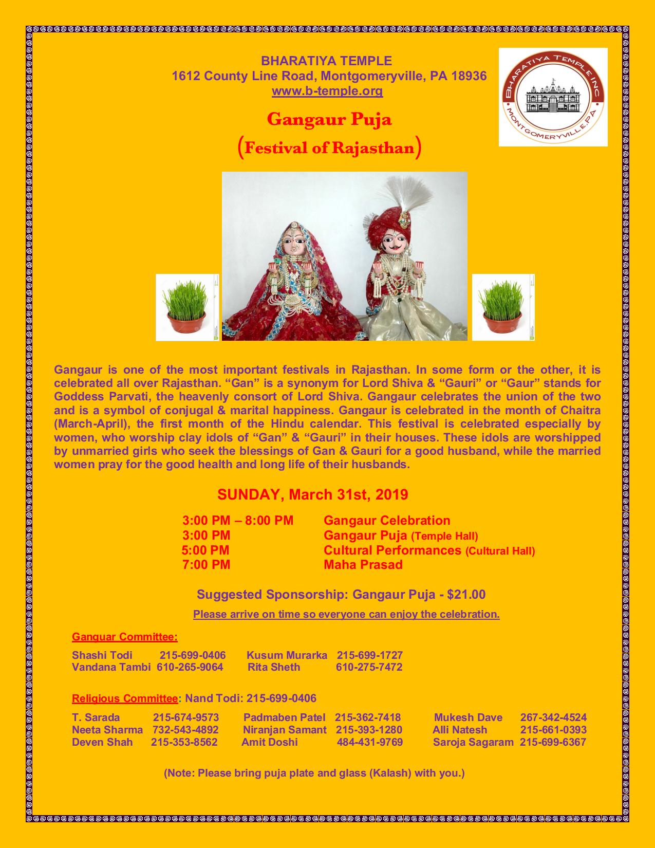 Gangaur Puja March-31st3:00 to 8:00 p.m - Bharatiya Temple Bharatiya Temple