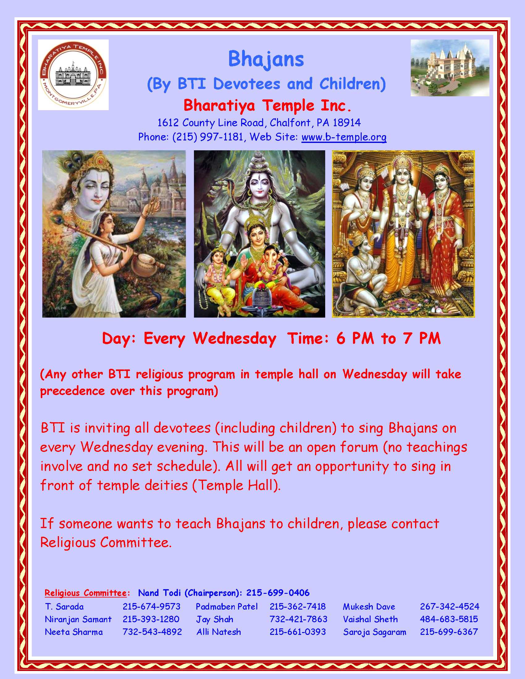 Bhajans every Wed 7:15 p.m to 8:15 p.m - Bharatiya Temple Bharatiya Temple