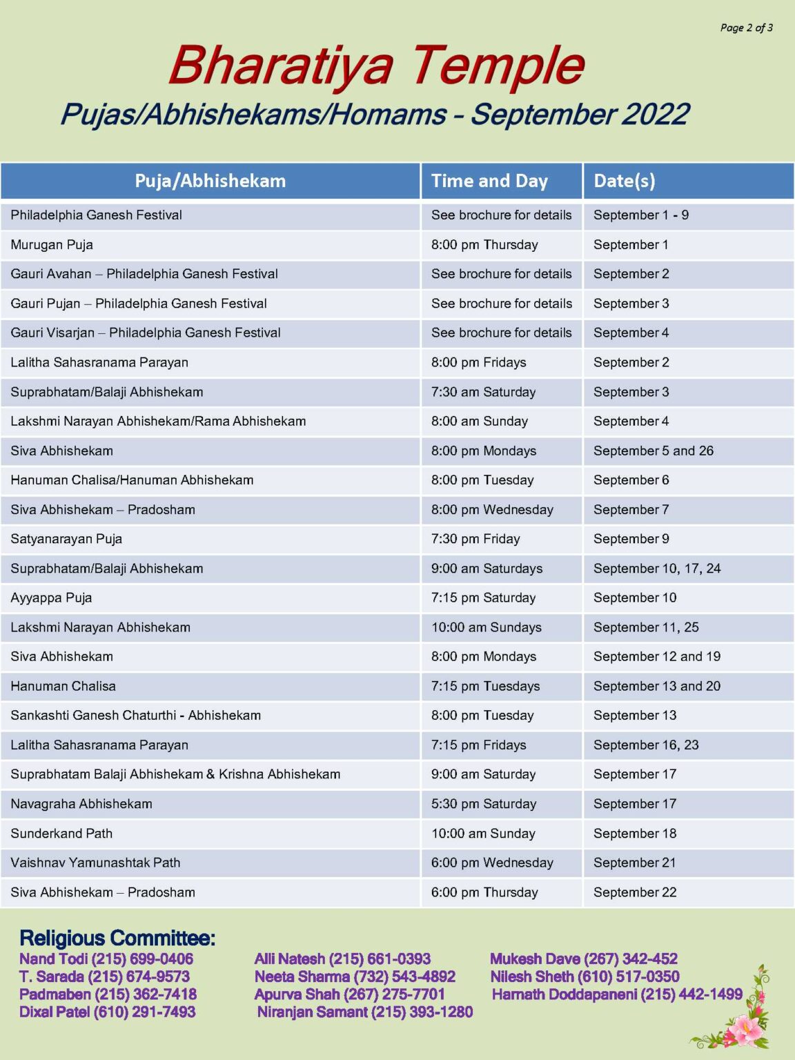 Sept Puja Schedule - Bharatiya Temple Bharatiya Temple