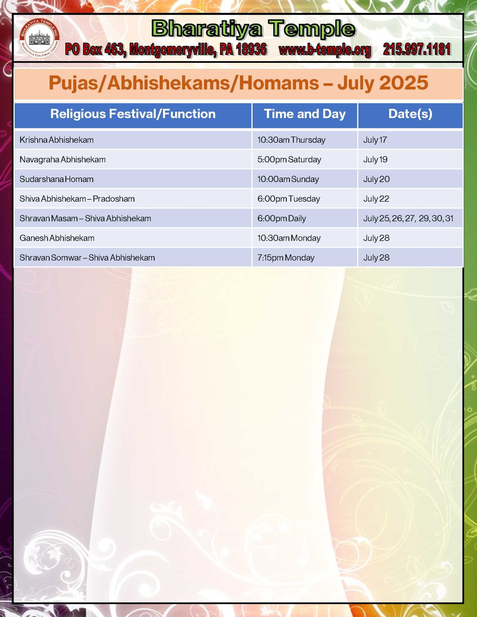July Puja Flyer - Bharatiya Temple Bharatiya Temple